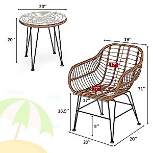 Tangkula 3 Pieces Patio Conversation Bistro Set, Outdoor Wicker Furniture w/Round Tempered Glass Top Table & 2 Rattan Armchairs, Bistro Chat Set w/Seat Cushions for Porch, Backyard, Garden (White)