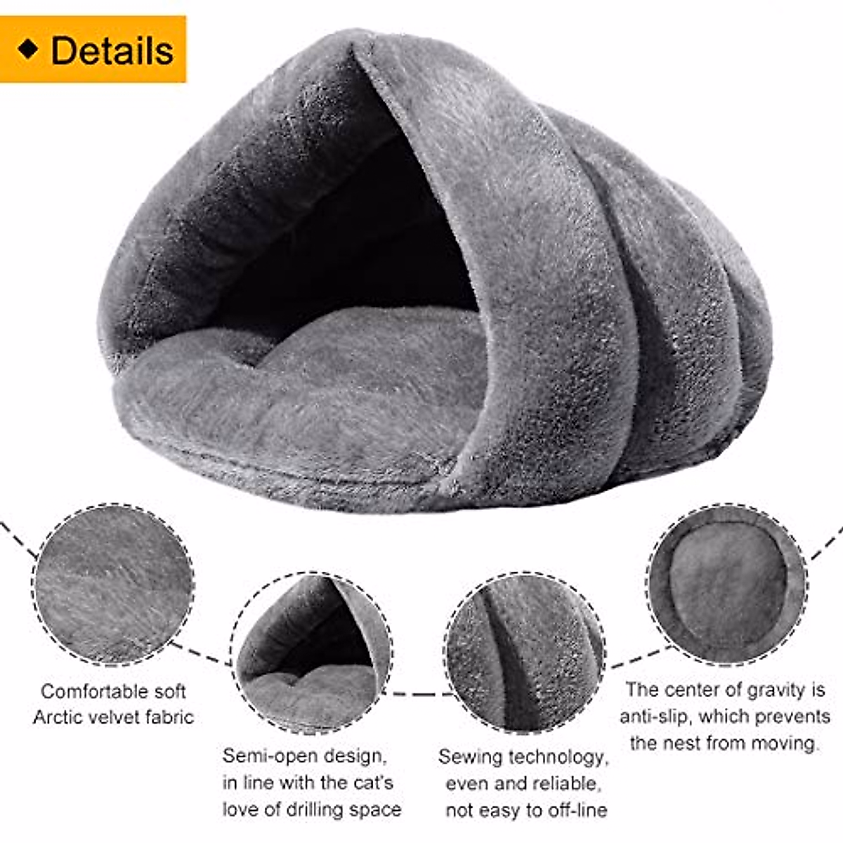 Mojonnie Soft Warm Cat Bed for Winter Cat Tent Self-Warming Sleeping Bed for Cats Fleece Pet Cave Bed for Winter Pets Puppy Indoor Pet Triangle Nest (Grey)