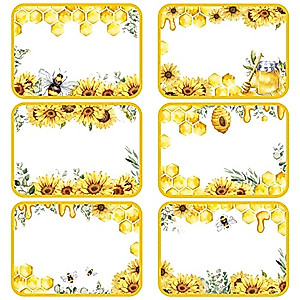 Whaline 180Pcs Sunflower Bee Name Tags Stickers Summer Bee Name Tag Labels Watercolor Flowers Bumble Bee Honeycomb Blank Adhesive Tag Stickers for Teacher Student Back to School Party Decor, 6 Design