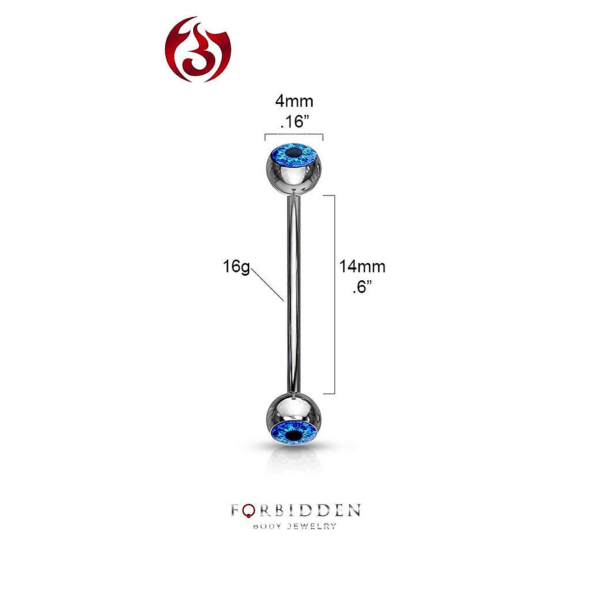 Forbidden Body Jewelry 14mm Surgical Steel Curved Barbell w/Eyeball Inlaid Ball Ends for Snake Eyes Tongue Piercing, Blue