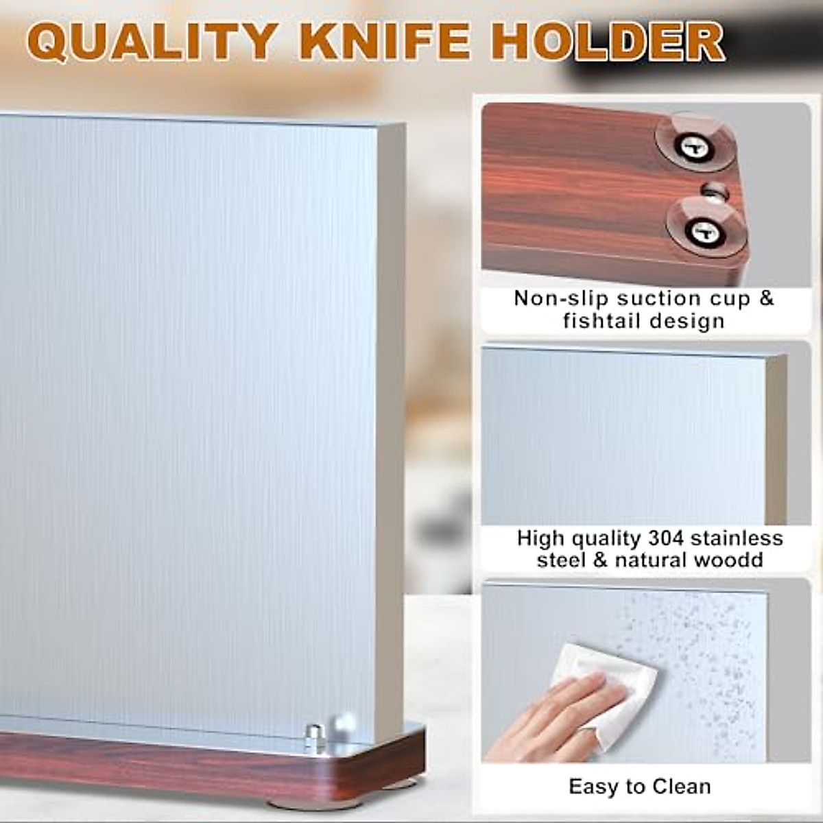 Magnetic Knife Holder Stand Block: Double Sided Magnetic Knife Holder Without Knifes Stainless Steel Knife Display Storage Rack for Kitchen Counter with Strong Enhanced Magnet and Wood Base - Silver