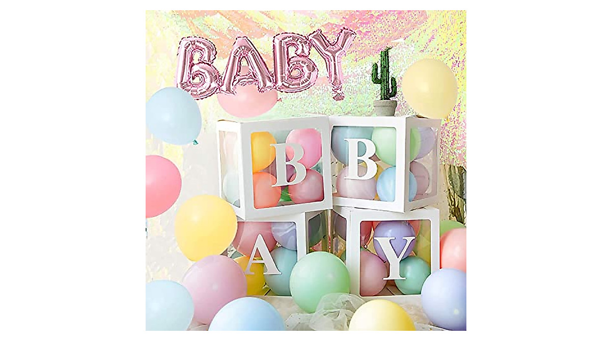 Baby Shower Balloon Box Kit - 4 Clear Baby Blocks for Celebrations