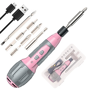 WORKPRO Electric Cordless Screwdriver Set - 4V USB Rechargeable Lithium-ion Battery Screwdriver Kit with LED Light - Small Screwdriver with 7pcs Bits for Home, Office, Apartment - Pink Ribbon