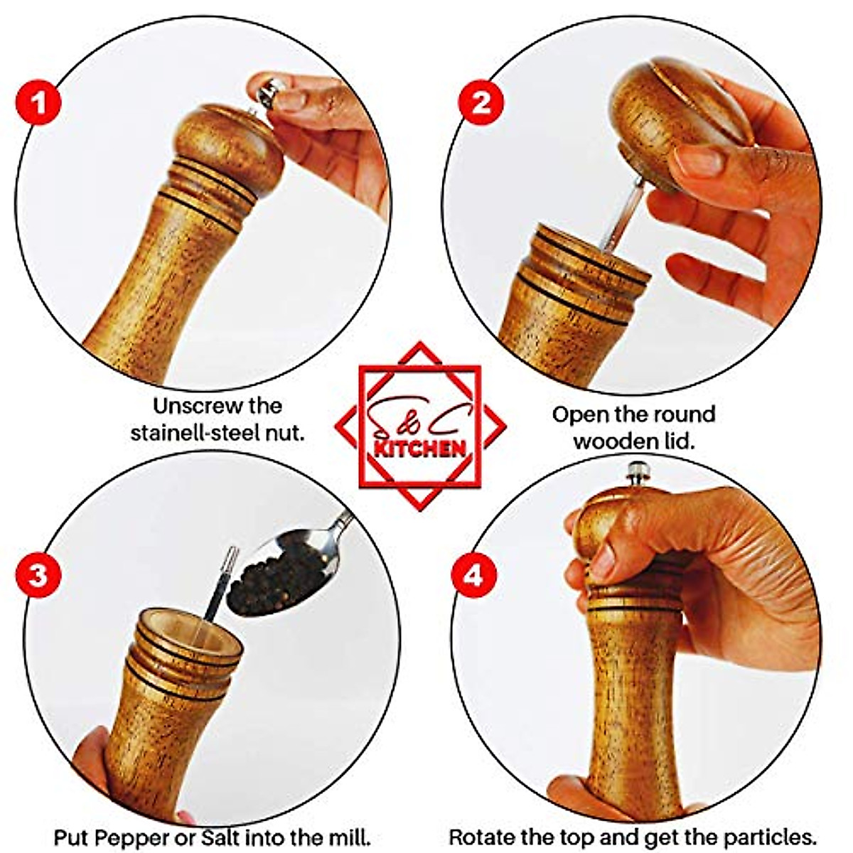 Wooden Pepper Mill or Salt Mill with a cleaning brush - 8 inch tall - Best Pepper or Salt Grinder Wood with a Adjustable Ceramic Rotor and easily refillable - Oak Wood Pepper Grinder for your kitchen