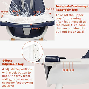 JOYMOR 5-in-1 Convertible Baby High Chair for Babies and Toddlers, Table and Chair Set, Wooden Infant Eating Highchair with Leather Seat Cushion, 4-Position Removeable & Adjustable Tray (Blue)