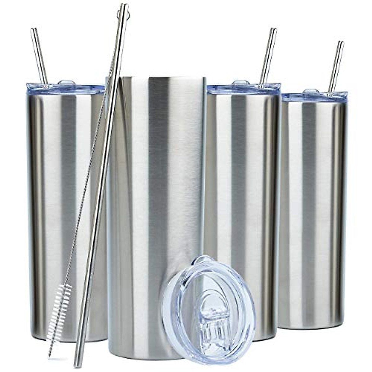 STRATA CUPS Skinny Tumblers with Lids and Straws (4 Pack) - 20 oz Double Wall Insulated Slim Stainless Steel Silver Tumblers with Straw Cleaner | Reusable Travel Mug for Hot and Cold Beverages