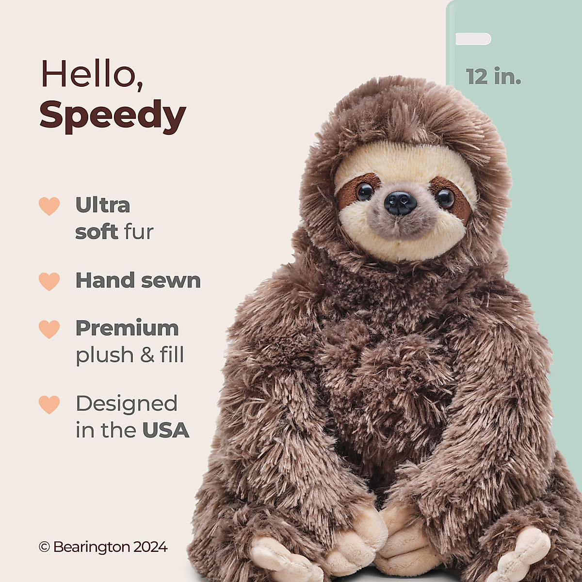 Bearington Speedy Plush Three Toed Sloth Stuffed Animal, 12 inches