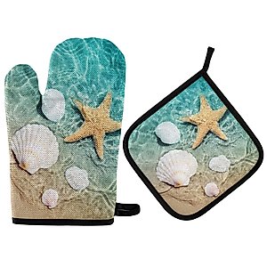 Starfish Seashell Summer Oven Mitts and Pot Holders Sets Beach Sea Water Hot Pads Heat Resistant Cooking Gloves Handling Kitchen Cookware Bakeware BBQ