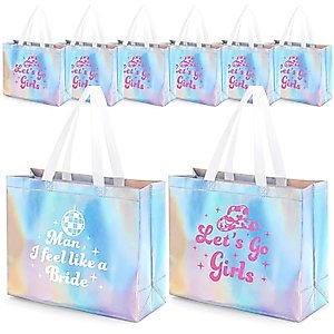 ICoDeesse 8 Pcs Let’s Go Girls Bachelorette Iridescent Tote Bags Reusable Holographic Bridesmaid Gift Bag With White Handles Retro Disco Cowgirl Party Accessories Western Cowgirl Theme Party Favors