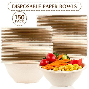 ZORRITA 150 Pack 8 oz Paper Bowls Disposable Small Compostable Soup Bowls Natural Sugarcane Biodegradable Bowls for Ice Cream, Desserts, Pet Food