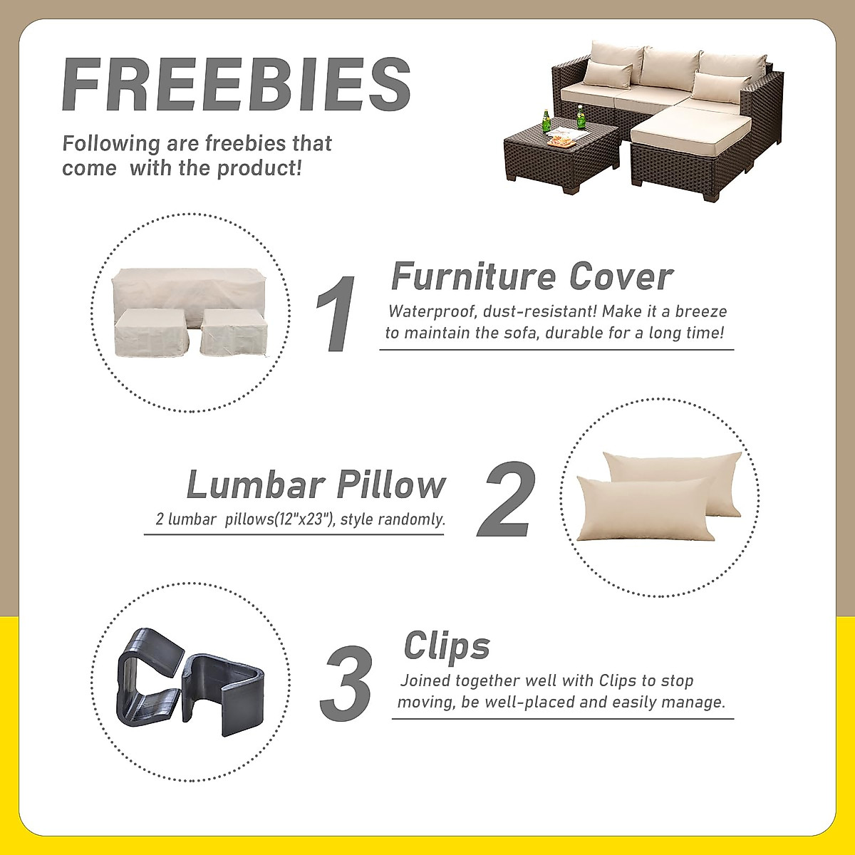 Oasishine Wicker Patio Furniture Patio Couch 3 Pieces Patio Furniture Set Outdoor Sectional with Ottoman and Outdoor Storage Table with Lining Weathering Non-Slip Cushions Waterproof Covers, Khaki