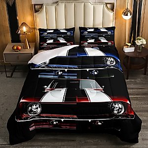 Classic Car Comforter Set Race Car Down Comforter Retro Old Vehicles Games Bedding Sets for Kids Boys Racing Automobile Quilt Set Car Theme Bedroom Decor with 1 Comforter and 2 Pillow Cases Queen Size