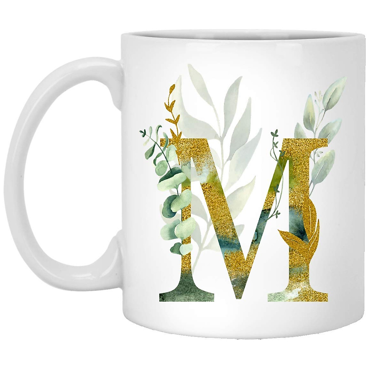 Alpha/M Graphic Letter M Coffee Mug - Alphabet Letter Monogram M - Gold Shimmer Any Letter Floral Alphabet Tea Coffee Hot Chocolate Cup For Her Birthday Christmas Mothers Day Coffee Mug 11oz
