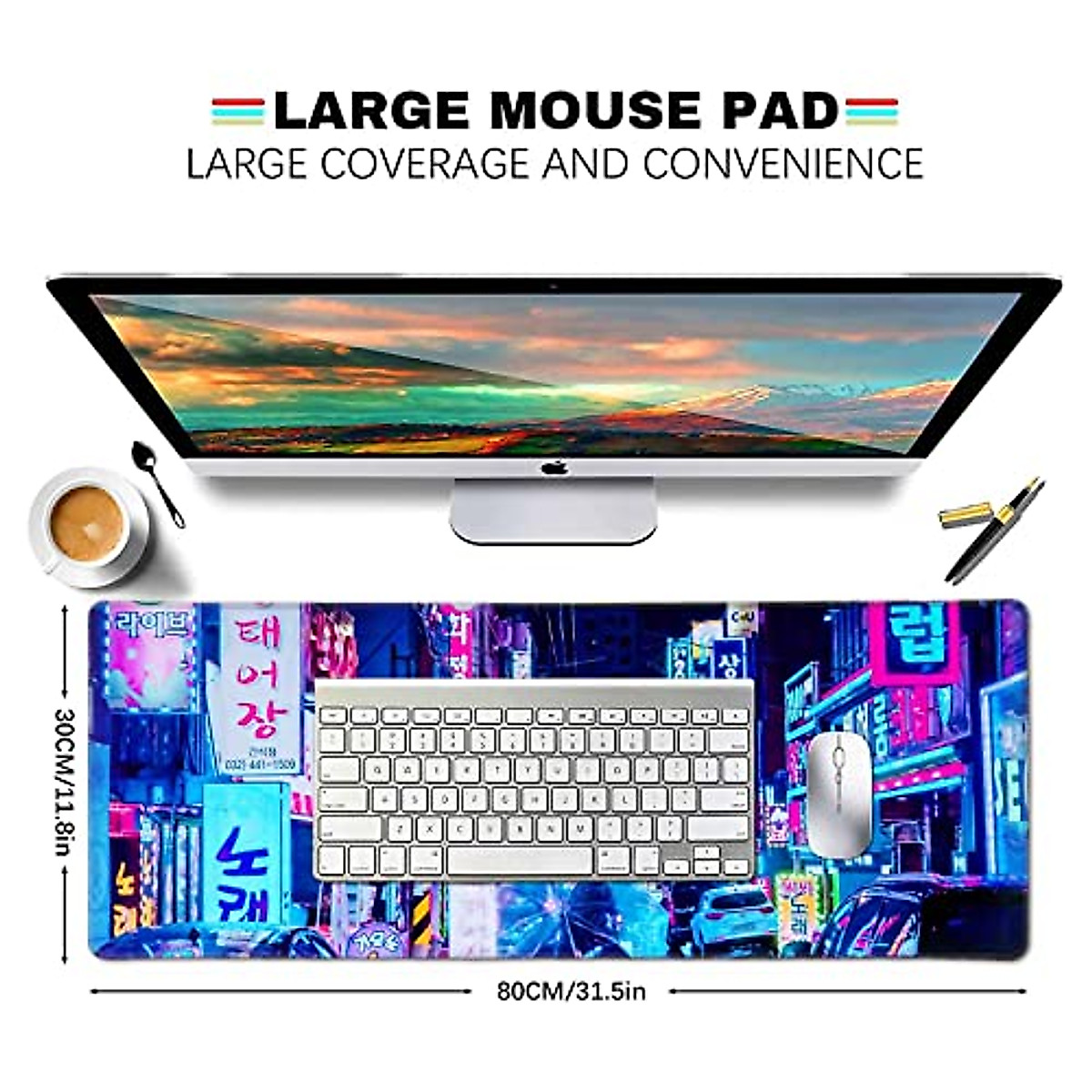 LTHAOGUO Neon Street Desk Mat, Japanese Vaporwave Cyberpunk City Cyan Gaming Mouse Pad, Rubber Base XL Large Deskmat for Computer Laptop, 31.5 X 11.8 Inch -Tokyo Rain Umbrella