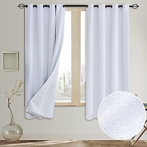 Rose Home Fashion 100% Black Out Curtains 63 Inchs Long(with Liner),White Blackout Curtains for Bedroom, White Linen Curtains& Drapes, Burlap Curtains for Living Room-Set of 2 Panels(W50xL63 White)