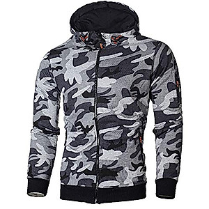 Mens Zipper Hooded Sweatshirts, Thenlian Mens Camouflage Zipper Pullover Long Sleeve Hooded Sweatshirt Tops Blouse(Gray, L)