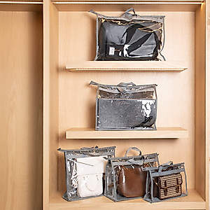 5 Sizes Clear Handbag Storage Organizer with Cozy Handle and Smooth Zipper, KMOTASUO Anti-dust Handbag Dust Cover Bag, Space-Saving Purse Storage Bag Organizer for Closet (Grey)