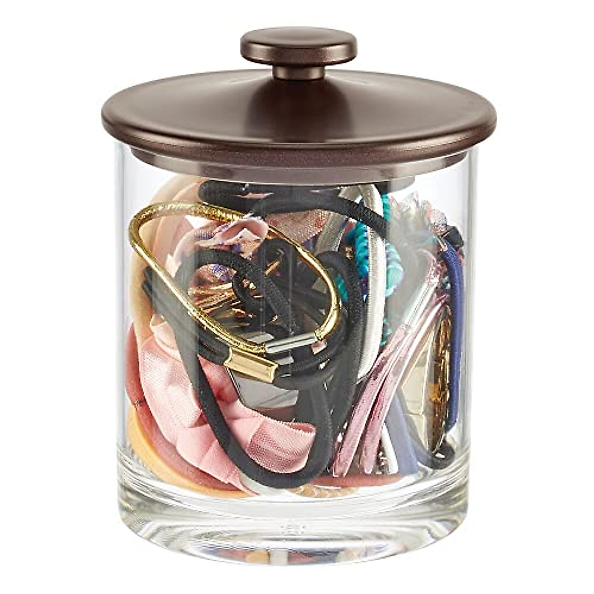 mDesign Small Modern Apothecary Storage Organizer Canister Jars - Acrylic Containers for Bathroom, Organization Holder for Vanity, Counter, Makeup Table, Lumiere Collection, 2 Pack, Clear/Bronze