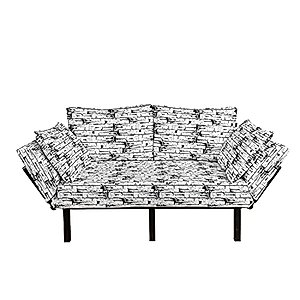 Lunarable Wooden Print Futon Couch, Cottage Style Rustic Planks Oak Background Urban Minimalist House French, Daybed with Metal Frame Upholstered Sofa for Living Dorm, Loveseat, White Black