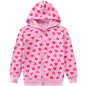 Kids Girls Zip-up Jacket Toddler Hoodies Long Sleeve Heart Print Hooded Sweatshirt Cute Sweater Cotton Tee Shirt Top Fall Winter Clothes Valentine's Day Outfit for Girls Size 7