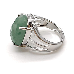 Faceted Oval Round Shape Natural Stone Adjustable Ring for Women Gemstones Healing Crystal Jewelry Wedding Engagement Anniversary Birthday Gift (Oval Shape Green Aventurine)