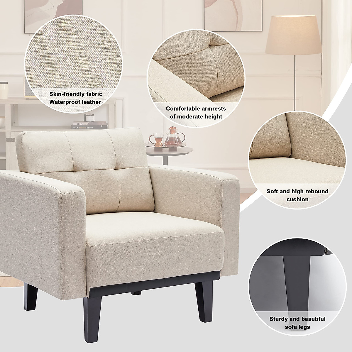 AYEASY Linen Mid-Century Modern Cream Accent Set of 2, Oversized Upholstered Single Sofa Chair Base and Wood Legs, Comfy Living Room Armchairs for Apartment Bedroom Office Study, Ivory/Beige