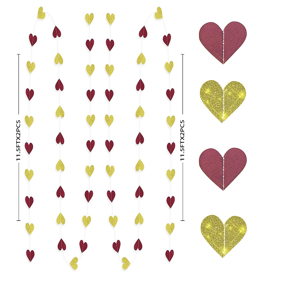 Bridal Shower Decorations Burgundy Gold Fall/Burgundy Gold Birthday Party Decorations/Valentines Day Decorations//Burgundy Bachelorette Decorations/Burgundy Heart Paper Garlands