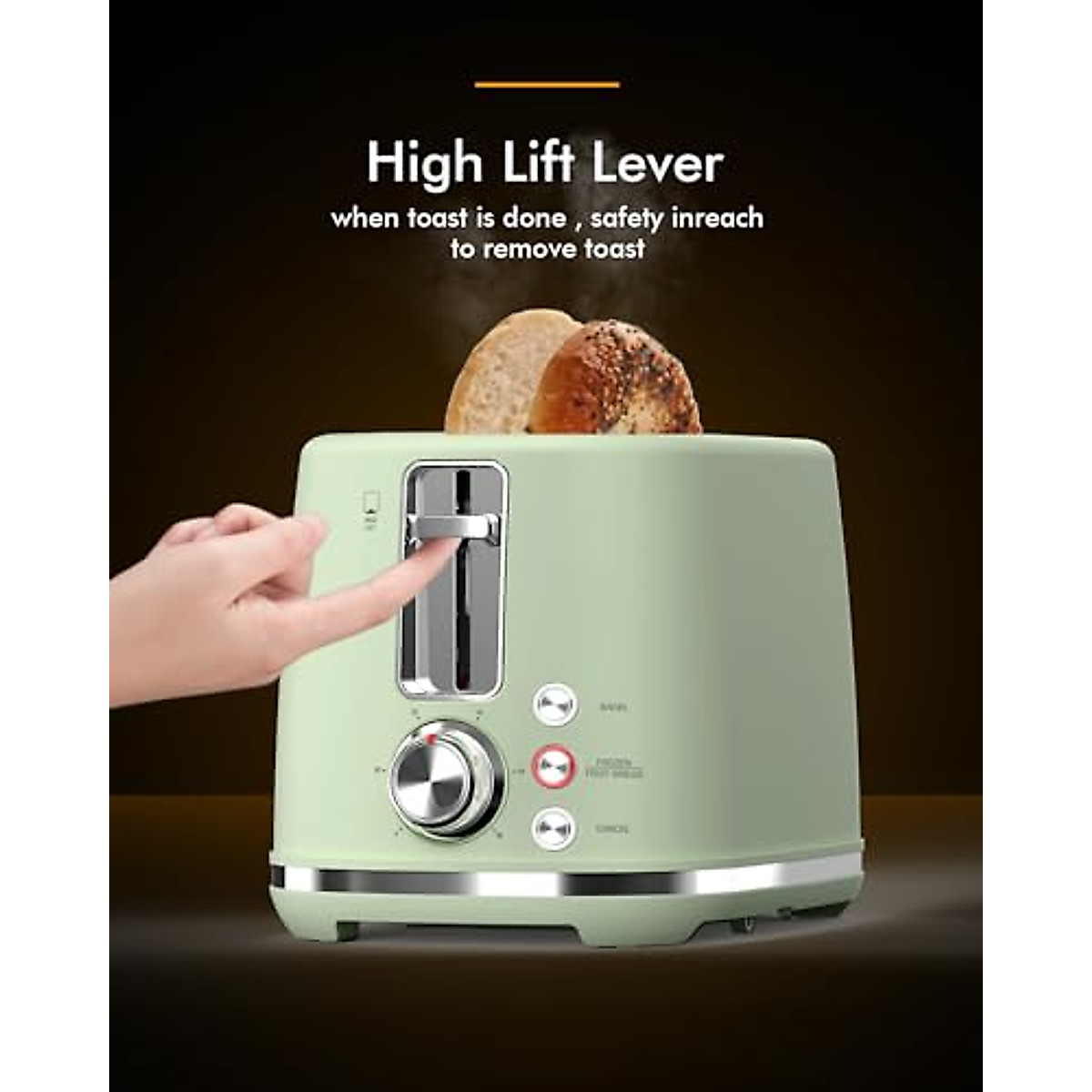 2 Slice Toaster, Wide Slots,High Lift, Auto-Off, & Frozen Modes for Toast, Bagels, Waffles & Fruity Breads, Modern Sleek Design, Easy-Clean Crumb Tray, Green