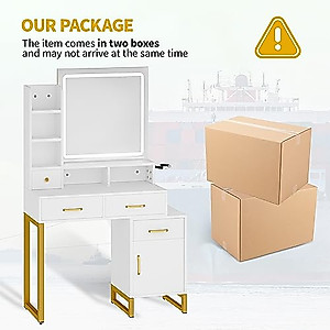 DWVO Vanity Desk with Mirror and Lights, Makeup Vanity with Lights and Drawers, Vanity Mirror with Lights and Table Set, 3 Color Adjustable Lighting Brightness & Power Outlet, White