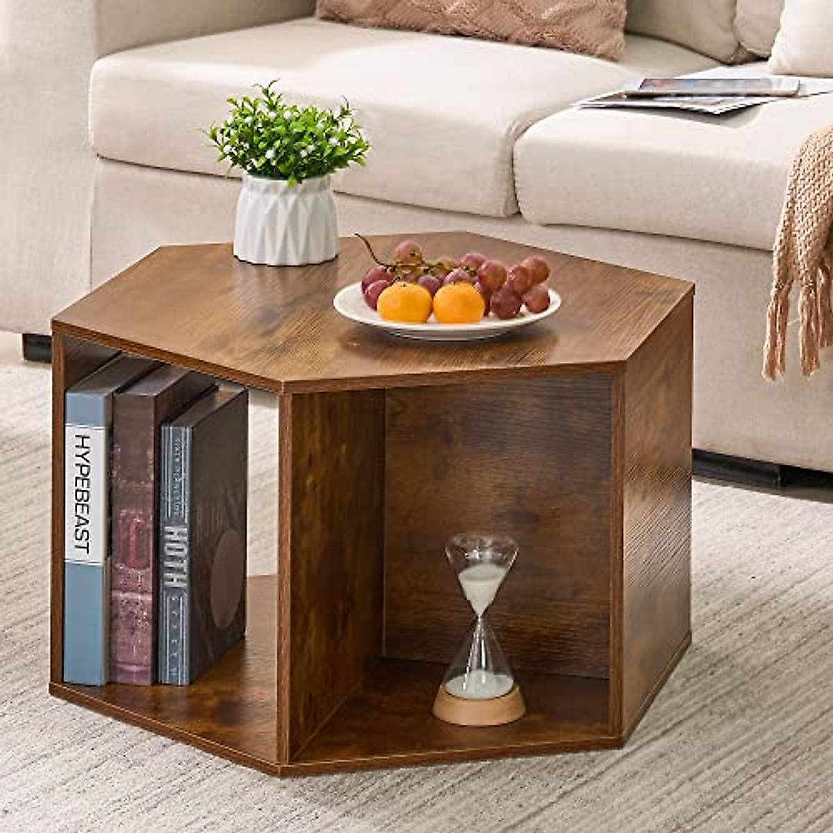 BEWISHOME Hexagonal Small Coffee Table with Open Storage, Multifunctional Faceted Top End Table, Natural Wood Modern Nightstand Brown for Living Room Bedroom and Home Office KLZ03Z