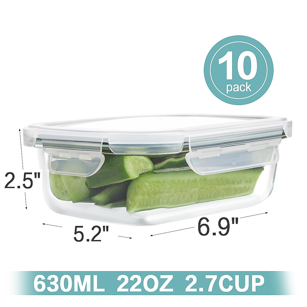 HOMBERKING 10 Pack Glass Meal Prep Containers, Glass Food Storage Containers with Lids, Airtight Glass Lunch Bento Boxes, BPA-Free & Leak Proof (10 lids & 10 Containers) - White