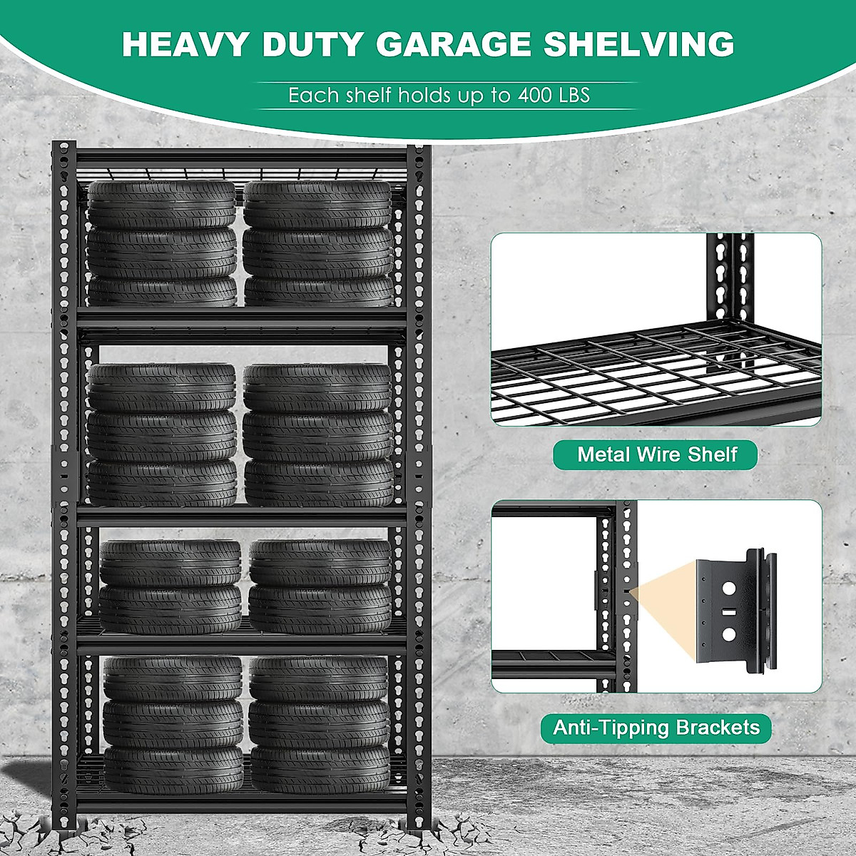 Homfstyi Garage Shelving, 72'' Metal Garage Storage Shelves, Heavy Duty Shelving Units with 5 Tier Adjustable Board for Warehouse, Basement, Kitchen, 35.8'' W x 16'' D x 72'' H,2 Pack, Black