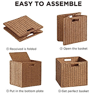 UBBCARE 3 Pack Wicker Basket, 11L×11H×10.5W inch Woven Paper Rope Storage Baskets for shelves, Foldable Cube Storage bin with Handle, Storage Basket for Organizing & Decor,Caramel