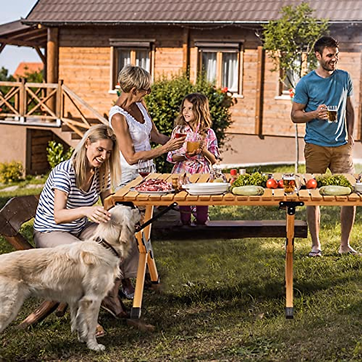 Giantex Folding Picnic Table, Wooden Roll-up Bamboo Tabletop, Portable Camping Table w/Carry Bag, Indoor Outdoor Table for Patio Garden Beach Yard, Easy Assembly (Natural)