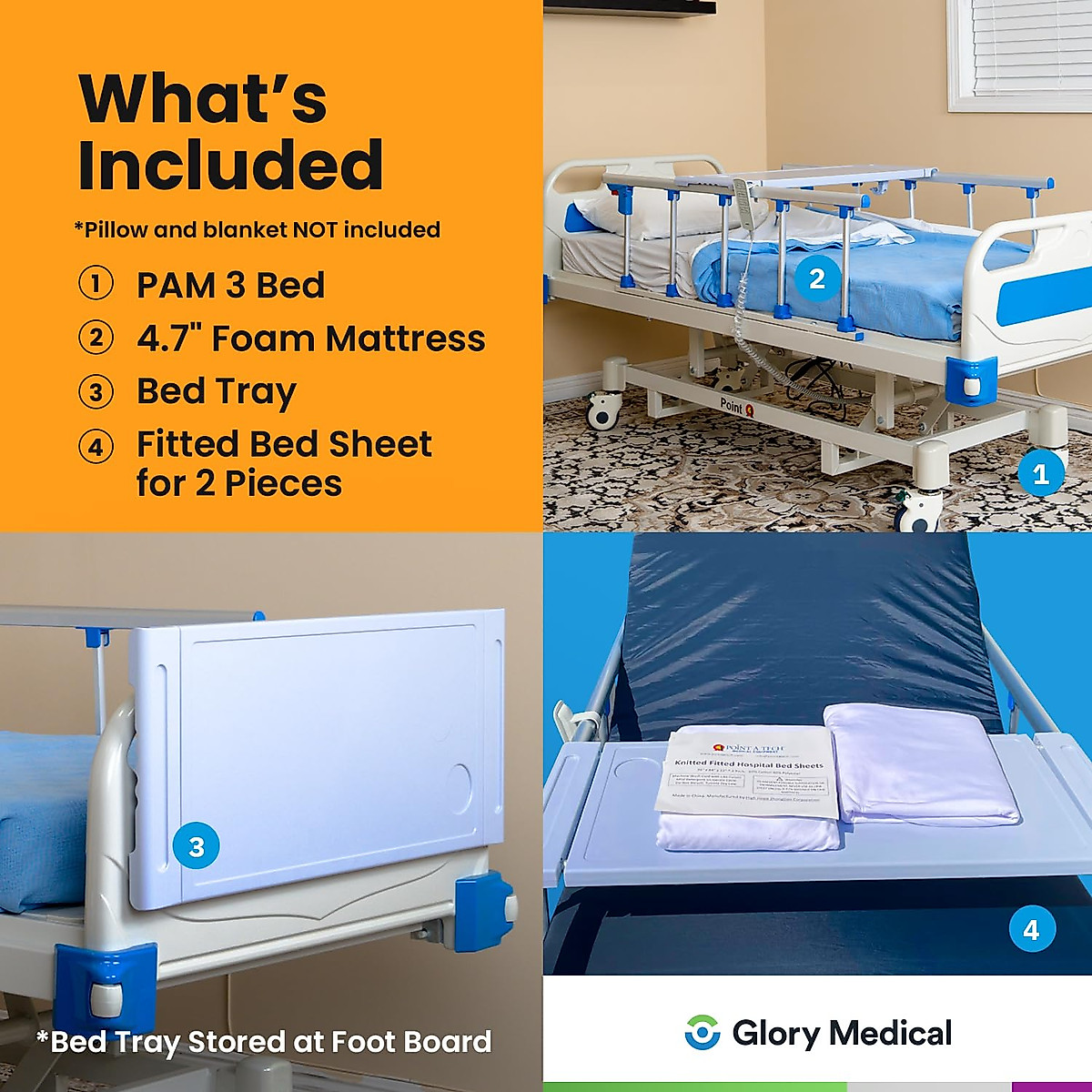 Point A (PAM-3) Premium 3-Function Full Electric Hospital Bed for Home Use, 4.7" Foam Mattress Made in USA, LINAK Motors, Individual Locking, 5" Casters, Includes (2X) Bed Sheets and Bed Tray