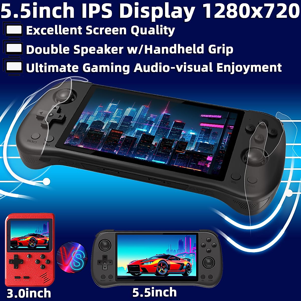 X55 Handheld Game Console 5.5 inch Portable Retro Video Hand-Held Games Consoles Rechargeable RK3566 Hand Held Classic Play System Black