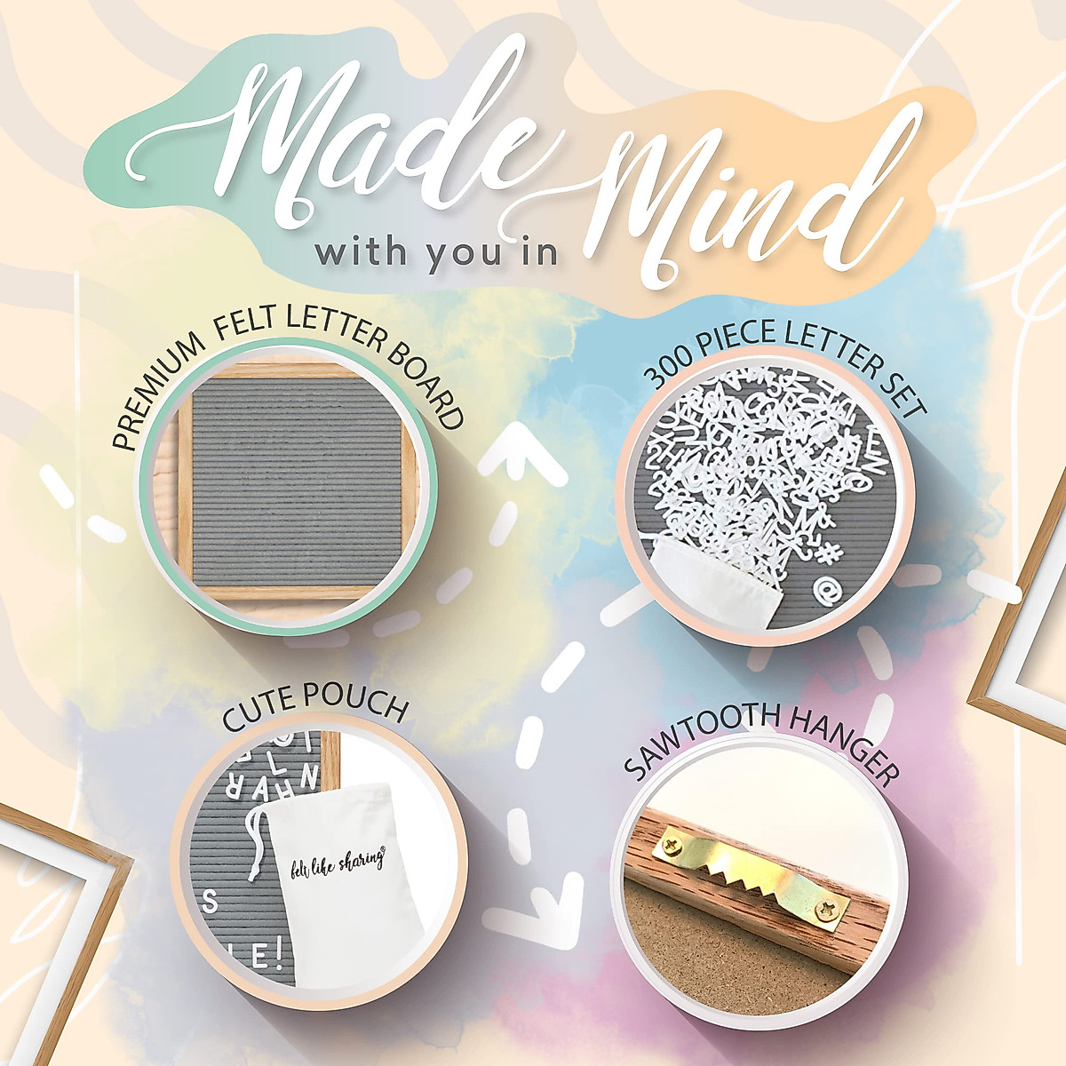 Felt Letter Board, 10x10in Changeable Letter Board with Letters White 300 Piece - Felt Message Board, Oak Frame Wooden Letter Board for Baby Announcements, Milestones, Office Decor & More (Gray)