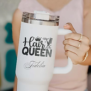 LifGif Hair Queen Personalized Tumbler 40 oz Laser Engraved, Insulated Cup with Handle, Lid and Straw, Custom Tumbler Hairdresser, Barber, Beauty Salon, Hair Stylists Stainless Steel Coffee Cup
