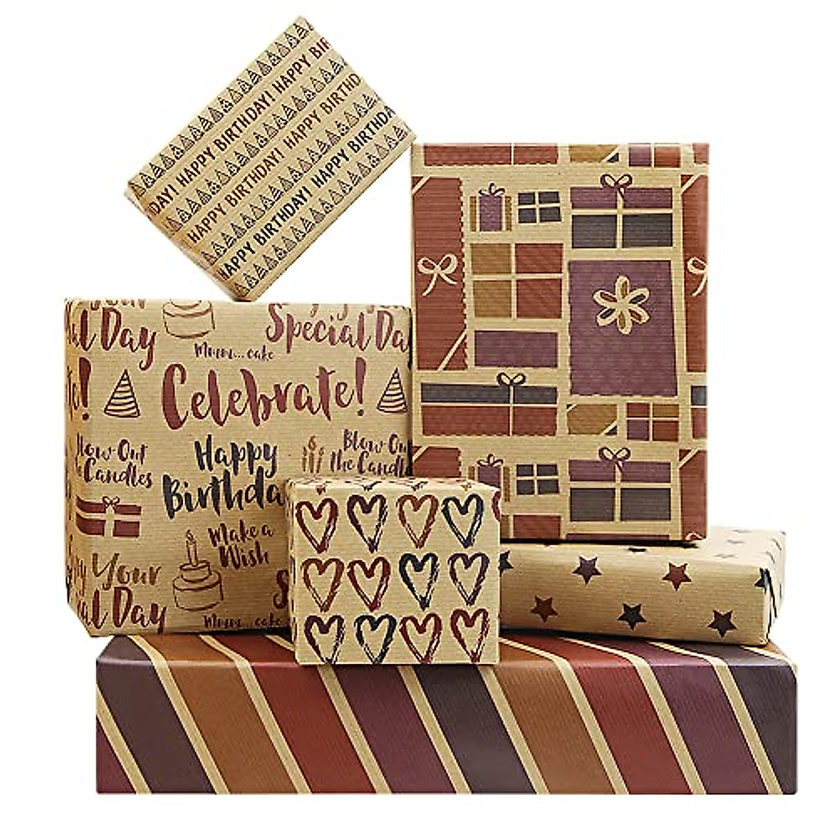 Kraft All Occasion Gift Wrapping Paper Birthday Gift Wrap 6 Sheets For Men Women Boys Girls Kids | Dark Pupple Brown Blue | For Birthdays Fathers Day Halloween Weddings Showers Holidays Thanks Giving Christmas Gifts