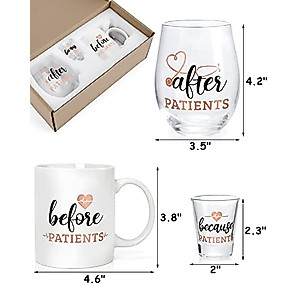 Levfla Before Patients After Patients Set Nurse Gifts 11 oz Coffee Mug 18 oz Stemless Wine Glass 2 oz Shot Glass Set for Nurse, Doctor, Dentist, Dental, Physician, Hygienist, RN (Rose Gold)