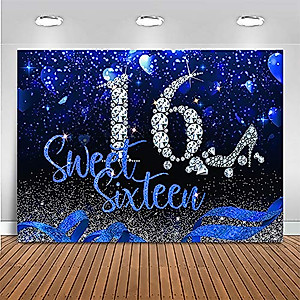 Mocsicka Sweet 16 Birthday Backdrop for Girls Blue and Silver Swwet Sixteen Decoration Happy 16th Birthday Banner Glitter Diamonds Background 16 Birthday Party Supplies (7x5ft (82x60 inch))