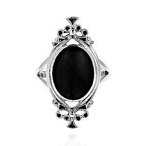 AeraVida Classic & Timeless Oval Shaped Simulated Black Onyx in Sterling Silver Ornate Ring Sizes 5-11 for Vintage & Gorgeous Fashion with Victorian Era Vibes