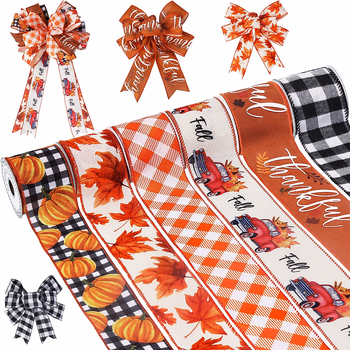 Fall Ribbon Wired 2.5In X 90Feet(6 Roll x 15 Ft),Fall Pumpkin/Truck/Thankful/Maple Leaves/Buffalo Plaid Burlap Ribbons,Farmhouse Fall Ribbon with Wire for Wreath Bows Autumn Thanksgiving Decor