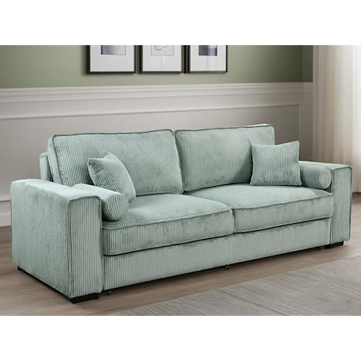 ZIGHTH 91-Inch Corduroy Queen Size Sleeper Sofa Bed with Storage, Convertible Sleeper Couch with Pull Out Bed and 4 Pillows, Hide a Bed Couches for Bedroom, Living Room, Small Places (Gray Green)