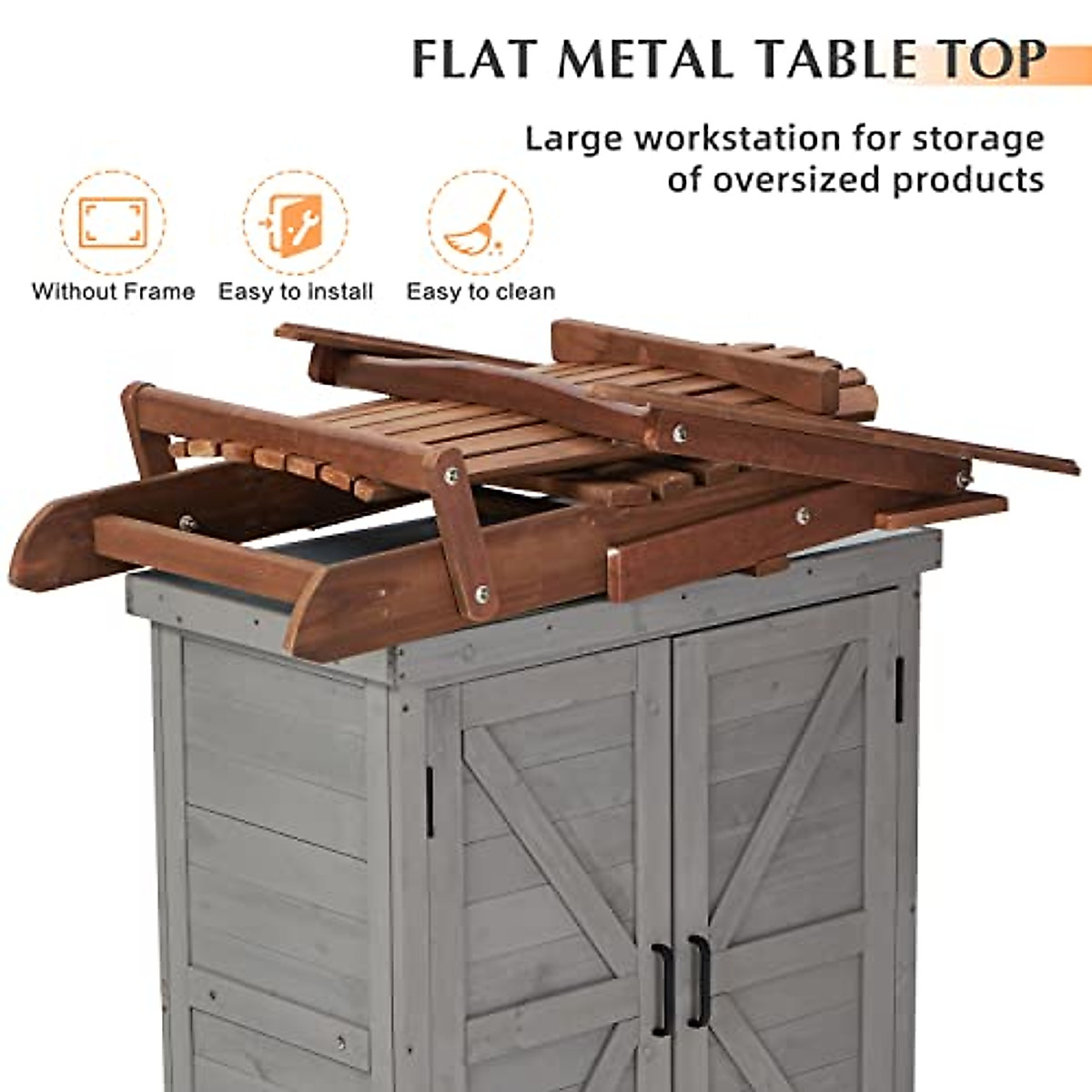 Outdoor Storage Cabinet & Potting Bench Table with Metal Top, Wooden Patio Furniture, Garden Workstation