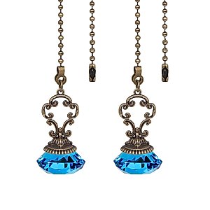 2pcs Light Blue Crystal Fan Pull Diamond Drop Vintage Pull Chain Ceiling Pull Chain Extender with Connector