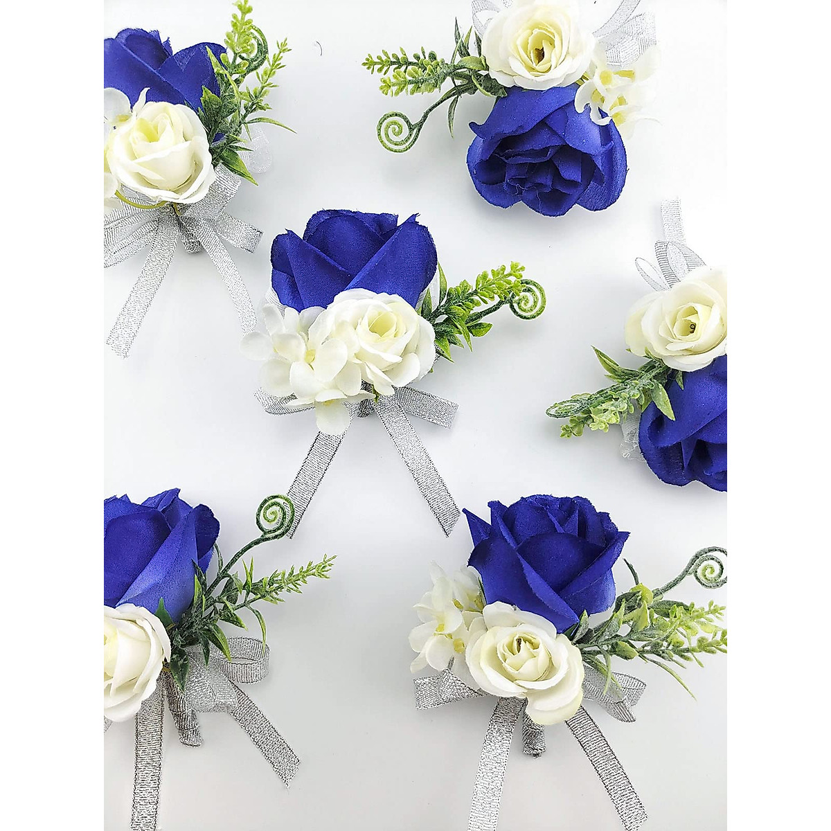 Ciandid Royal Blue Rose Wrist Corsage and Boutonniere set for Wedding, 3PCS Groom Groomsman Boutonnieres & 3PCS Bride Bridesmaid Wrist Corsages Wristlet Bracelet Flower for Wedding Ceremony Prom Party