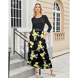 Supnier Women's 3/4 Sleeve Dresses Long Ladies Floral Maxi Dress with Pockets (P5, Small)