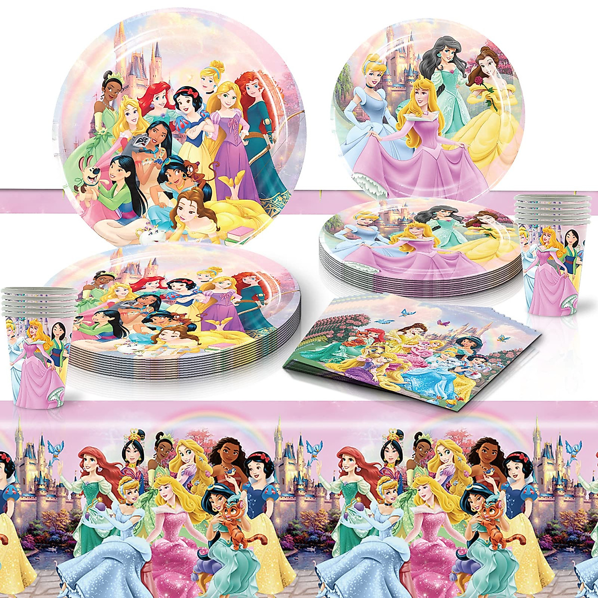 81 PCS Princess Birthday Party Supplies, Princess Tableware Set Includes 40 PCS Plates, 20 PCS Napkins, 20 PCS Paper Cups, 1 PCS Tablecover for Boys Girls Birthday Party Baby Shower DecorationsQ