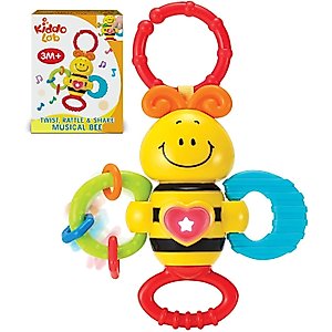 KiddoLab Twist & Rattle Musical Bee Light-Up Toy and Teething Ring for Toddlers - Sensory Chew and Fine Motor Skills Toy for Newborn - Baby Rattle and Teething Toys for 3+ Months Babies